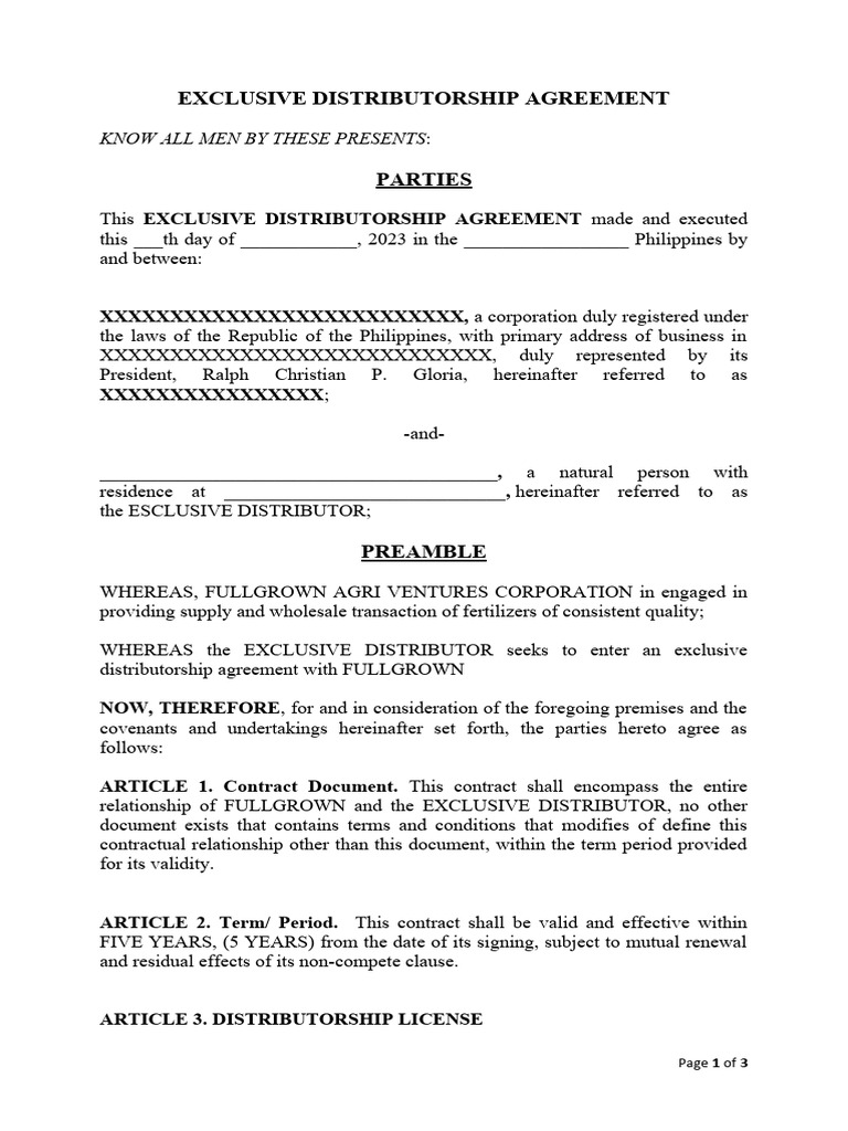 Exclusive Distributorship Agreement | Download Free PDF | Business ...