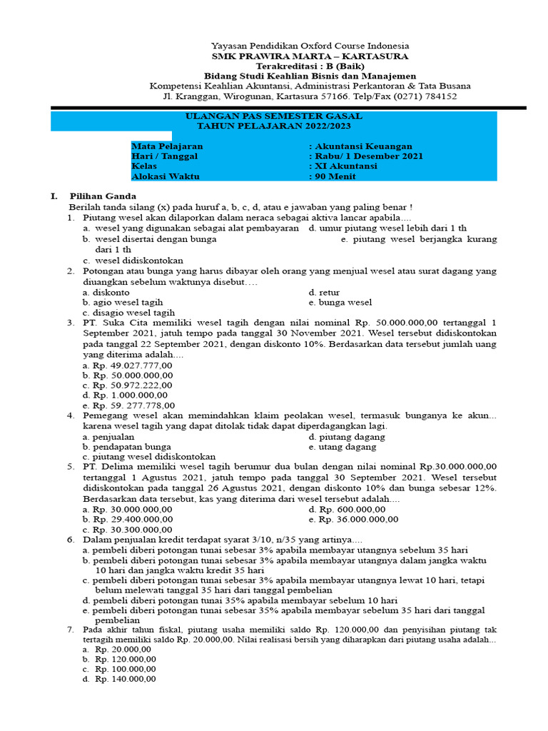 Soal Pas Akt Keuangan 1 (11) 22-23 | PDF