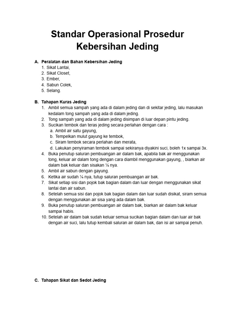 Standar Operasional Prosedur Kebersihan Jeding | PDF