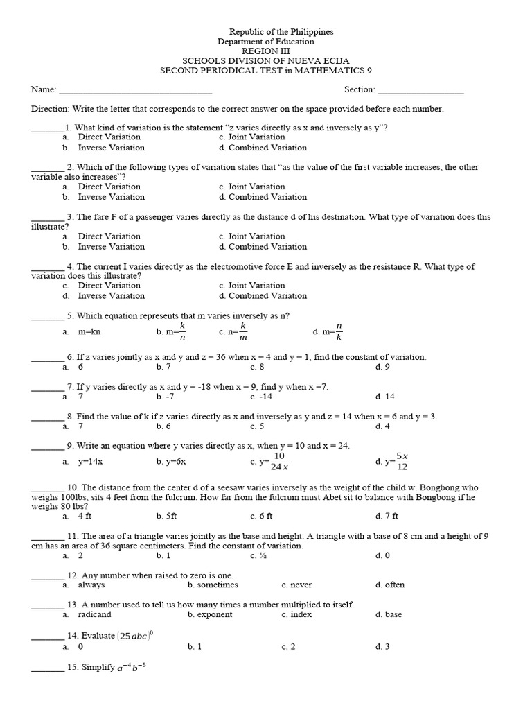 2PT Math9 | PDF | Equations | Variable (Mathematics)