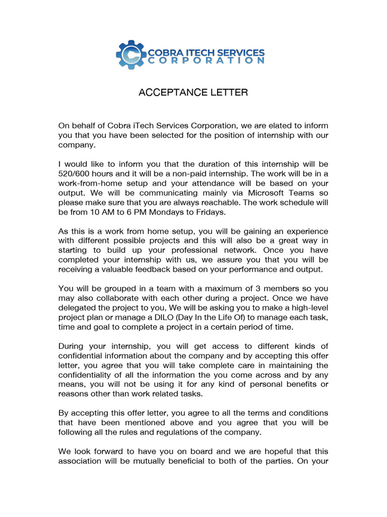 One Sample Acceptance Letter | PDF
