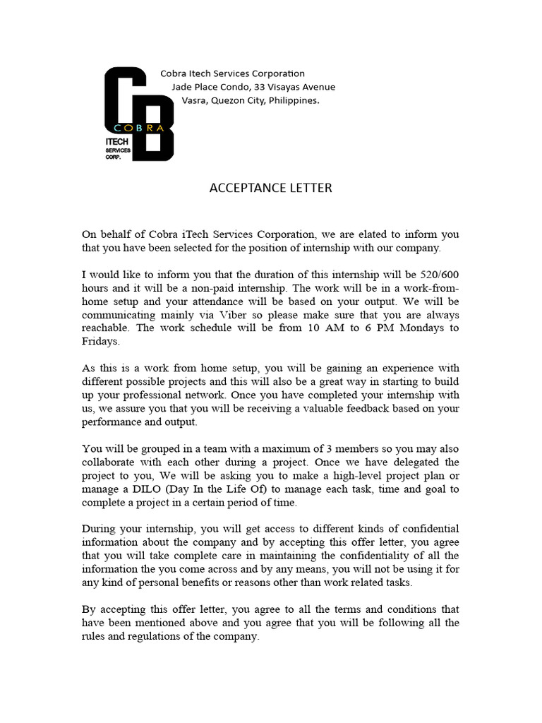 Four Acceptance Letter | PDF