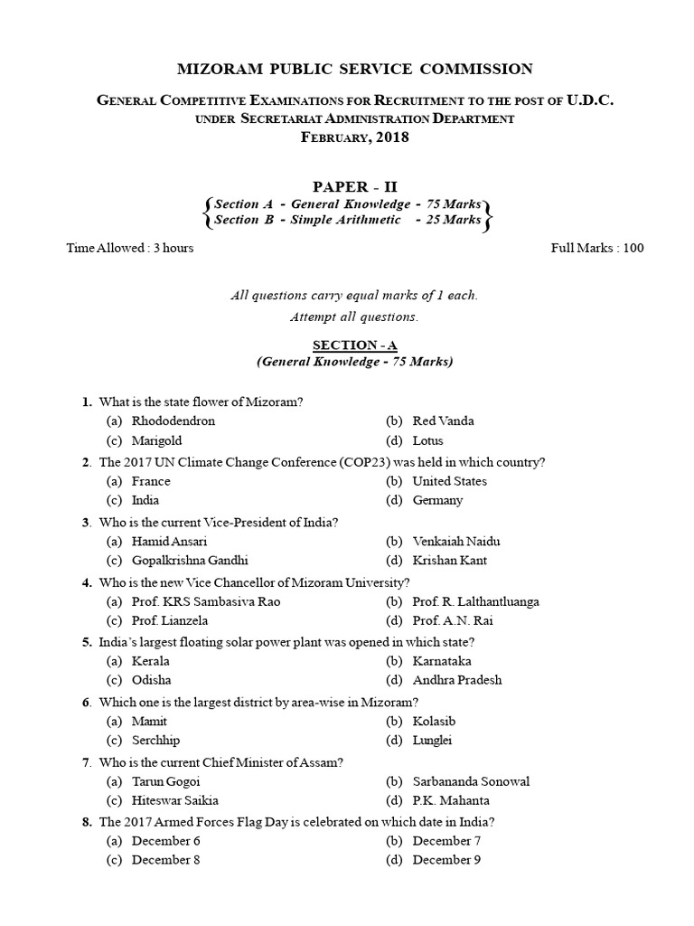 Mizoram UDC Exam Paper 2018 | PDF