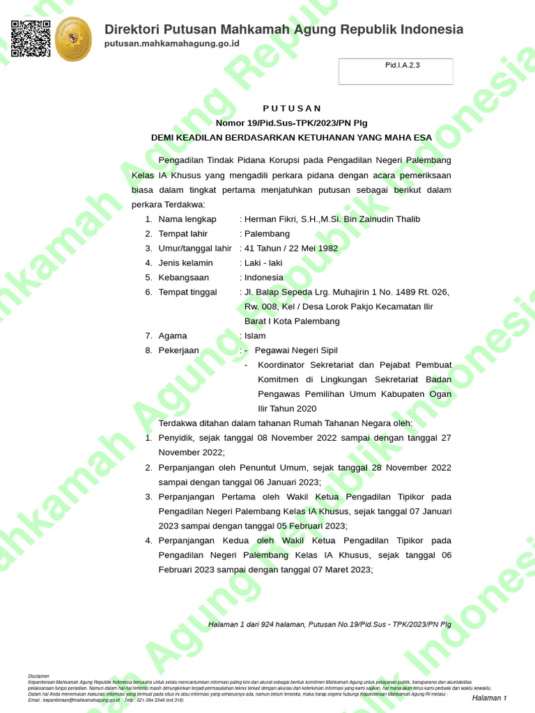 Putusan 19 Pid - Sus-Tpk 2023 PN PLG 20231015110459 | PDF