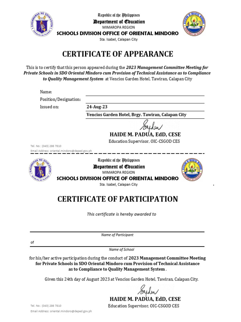 Appearance - Cert Participation - Private School Mancom | PDF