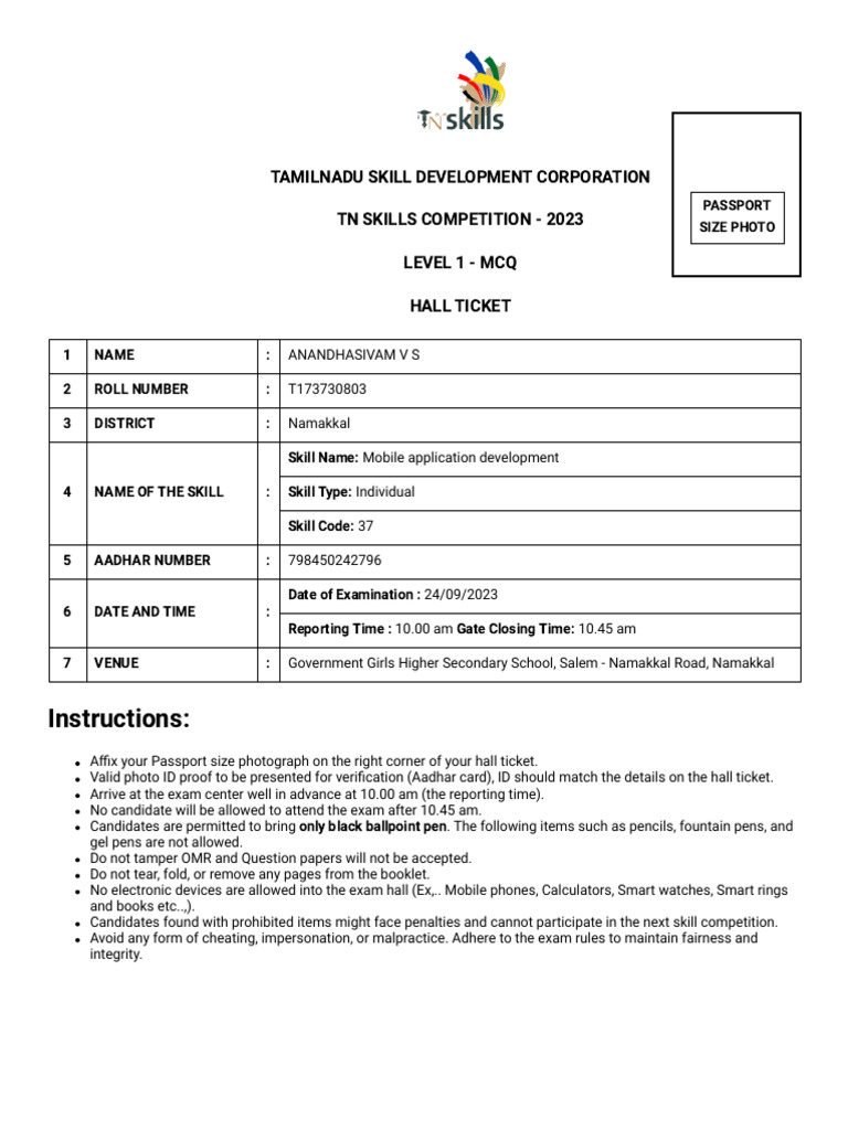 TN Skills Competition 2023 Hall Ticket | PDF