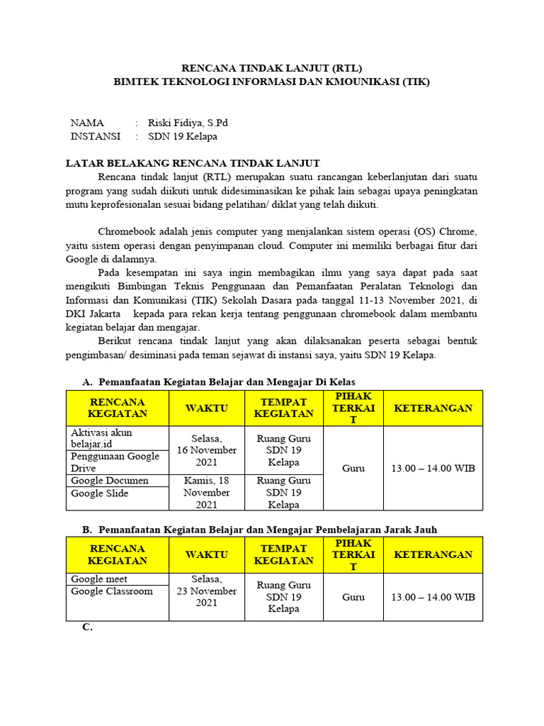 Rencana Tindak Lanjut (Bimtek Tik) | PDF