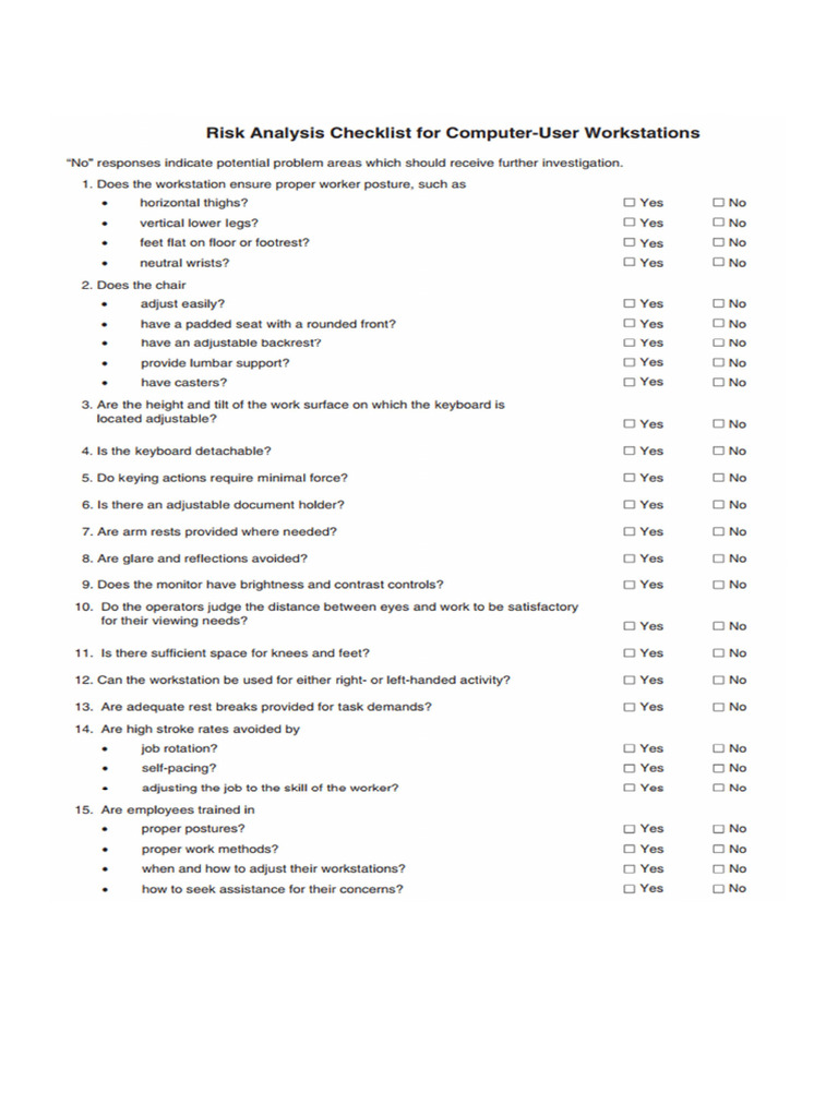Risk Analysis Checklist For Computer-Use Workstations (Pedretti, 8e) | PDF