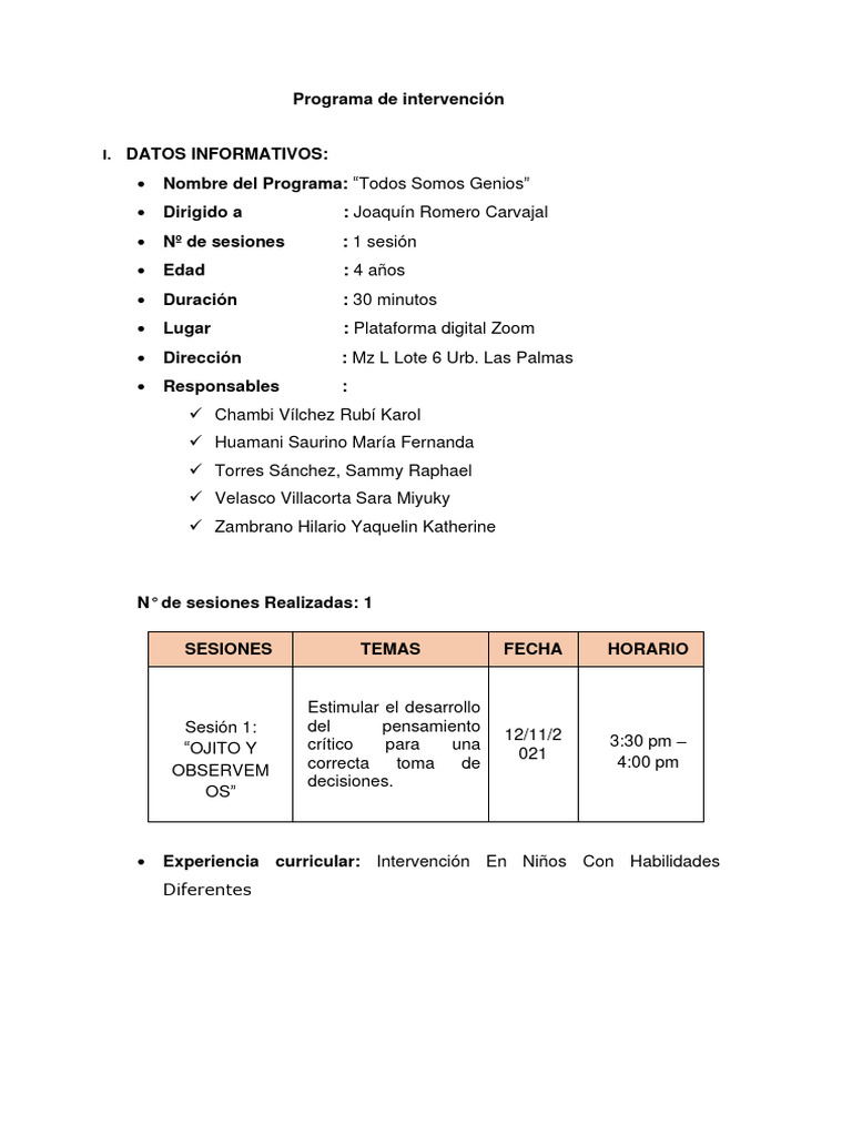 Programa de Intervencion | PDF