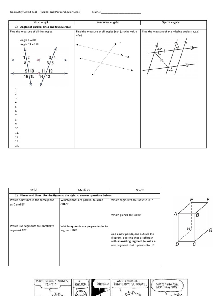 Geometry Levelled Test - Parallel Lines, Transversals, Perpendicular ...
