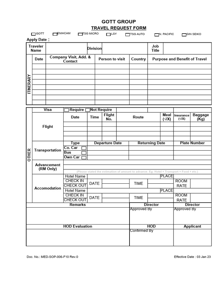 MED-SOP-006-F11 Travel Request Form-Rev 1 | PDF