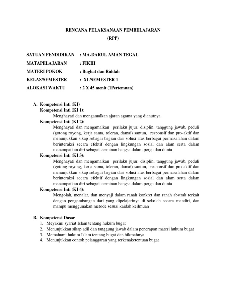 RPP Fikih Kelas 11 Materi Bughat Dan Riddah MA DARUL AMAN | PDF