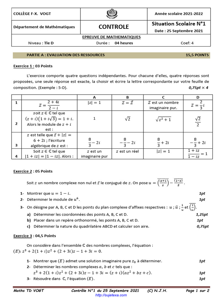Contrôle de Maths 6ème - Sept 2021 | PDF