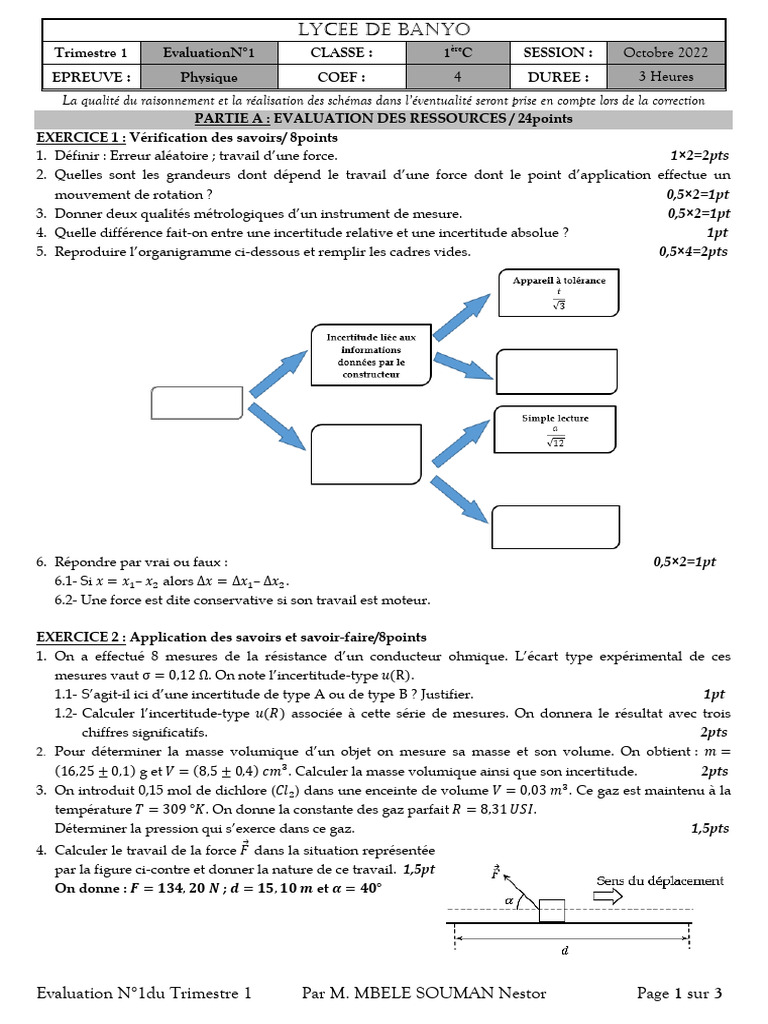 Physique 1ere C Evaluation 1 | PDF