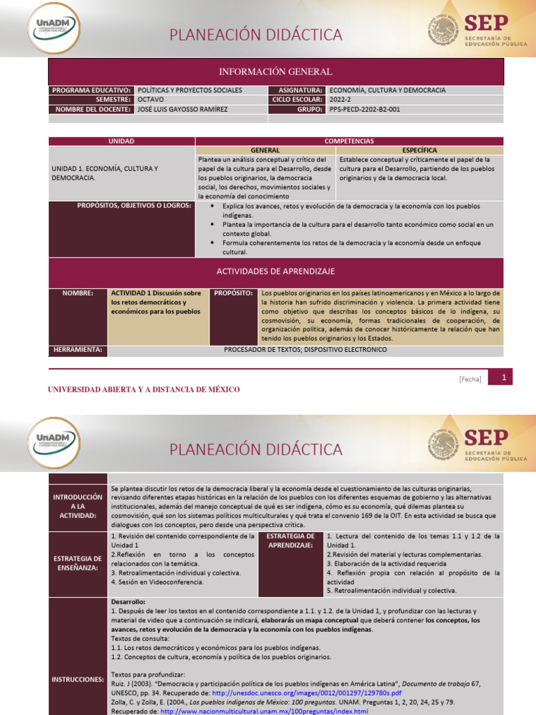 Planeación Didáctica U1 PECD 001 | PDF
