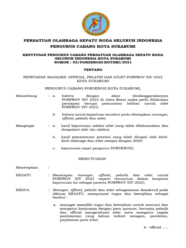 SK Manager, Official, Pelatih Dan Atlet | PDF