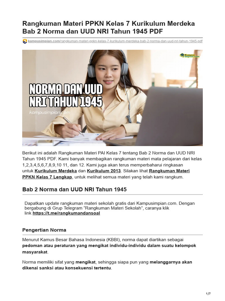 Rangkuman Materi PPKN Kelas 7 Kurikulum Merdeka Bab 2 Norma Dan UUD NRI Tahun 1945 PDF | PDF