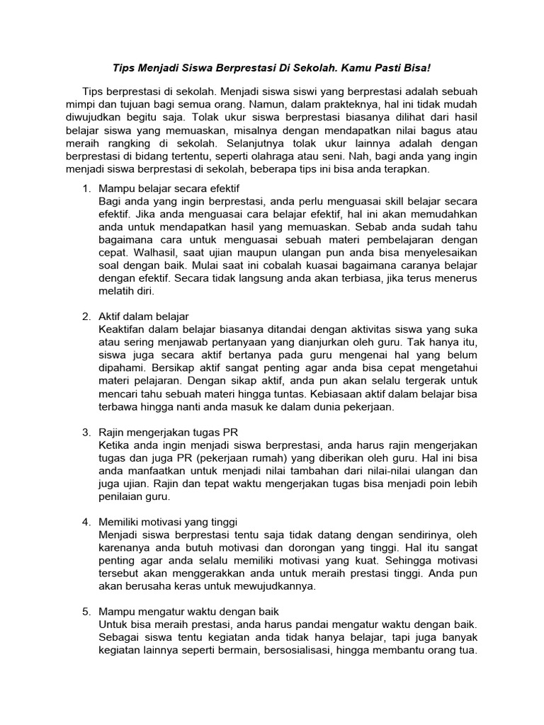 Tips Menjadi Siswa Berprestasi Di Sekolah | PDF | Kesehatan Holistik