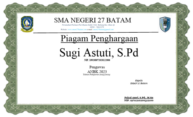 Sertifikat ANBK di SMA Negeri 27 Batam | PDF