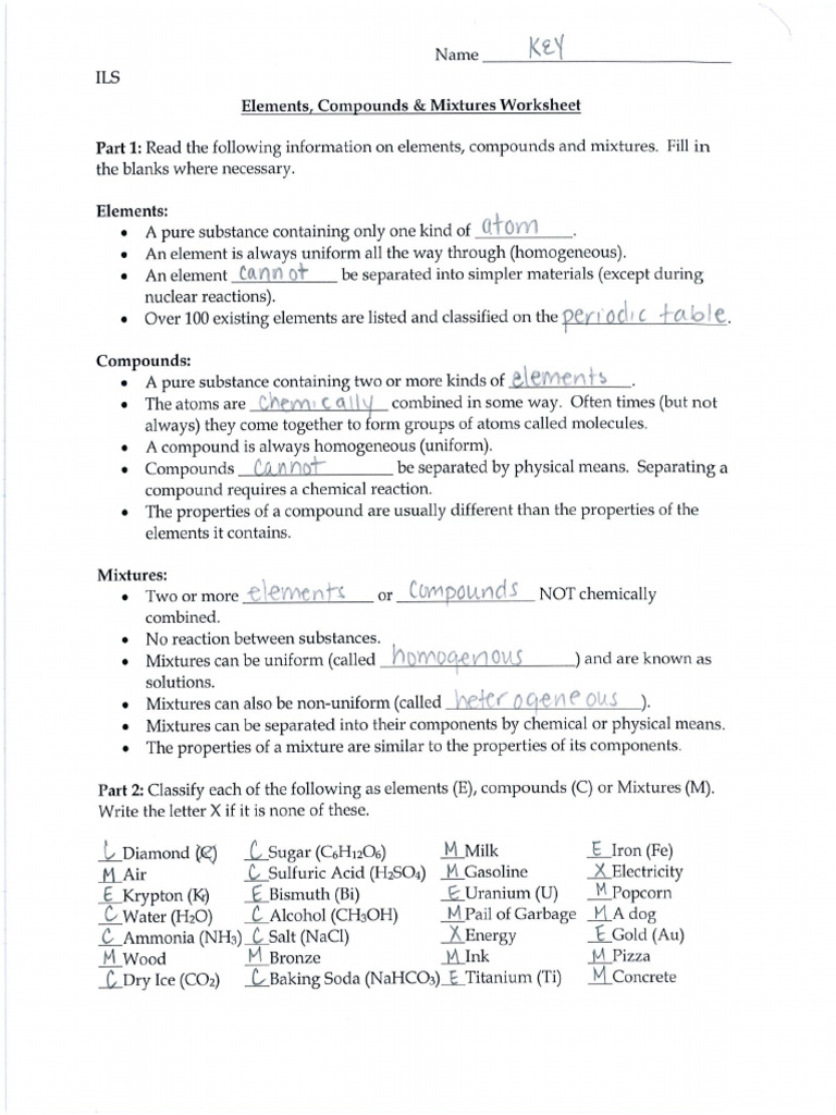 Elements, Compounds and Mixtures Answer Key | PDF