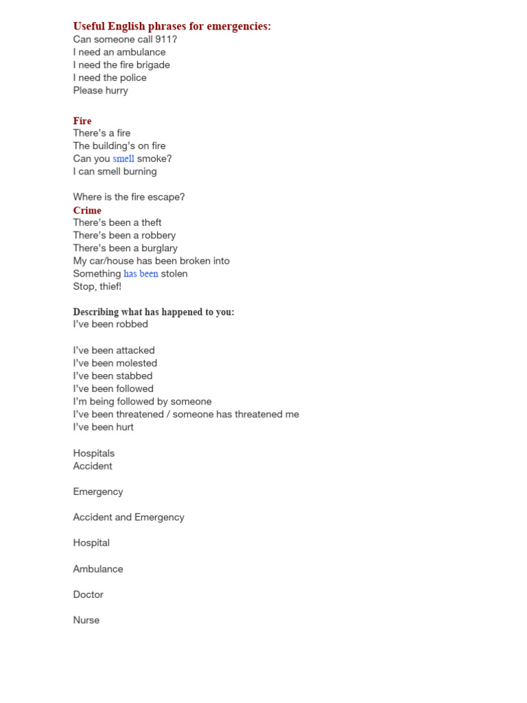 Emergency Vocabulary | PDF