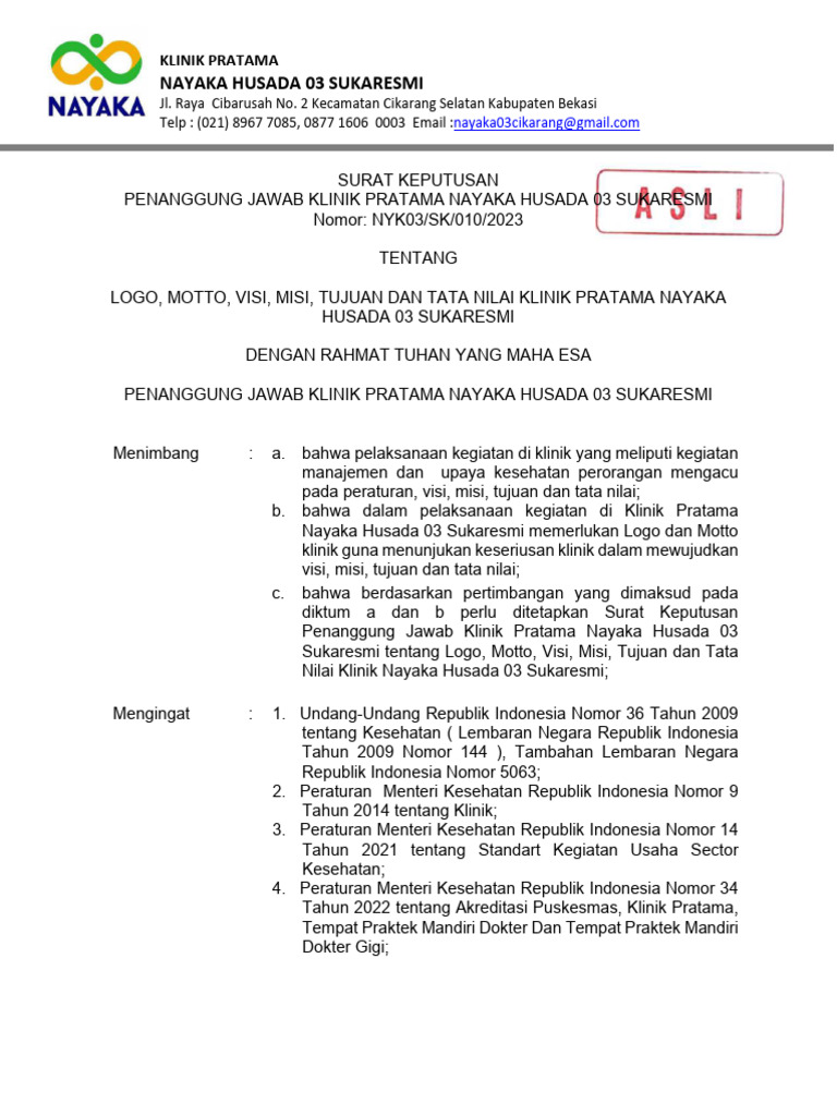 TKK 1 Ep 1 SK Logo, Visi Dan Misi Klinik Nayaka Husada 03 | PDF
