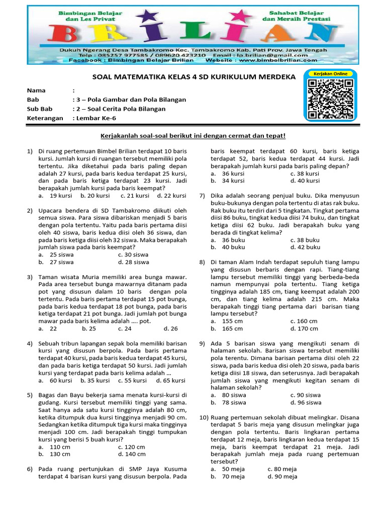 Soal Matematika Kelas 4 SD Bab 3 Pola Bilangan Lembar 6 Soal Cerita | PDF