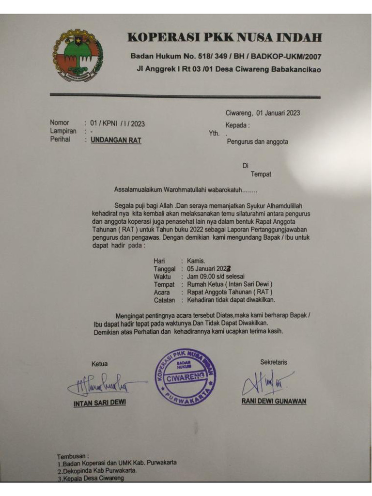 Undangan RAT KOPERASI PKK NUSA INDAH | PDF