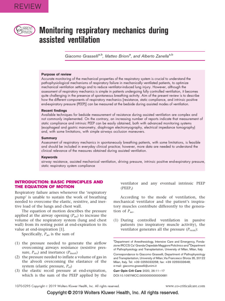 Monitoring Respiratory Mechanics During Assisted | PDF