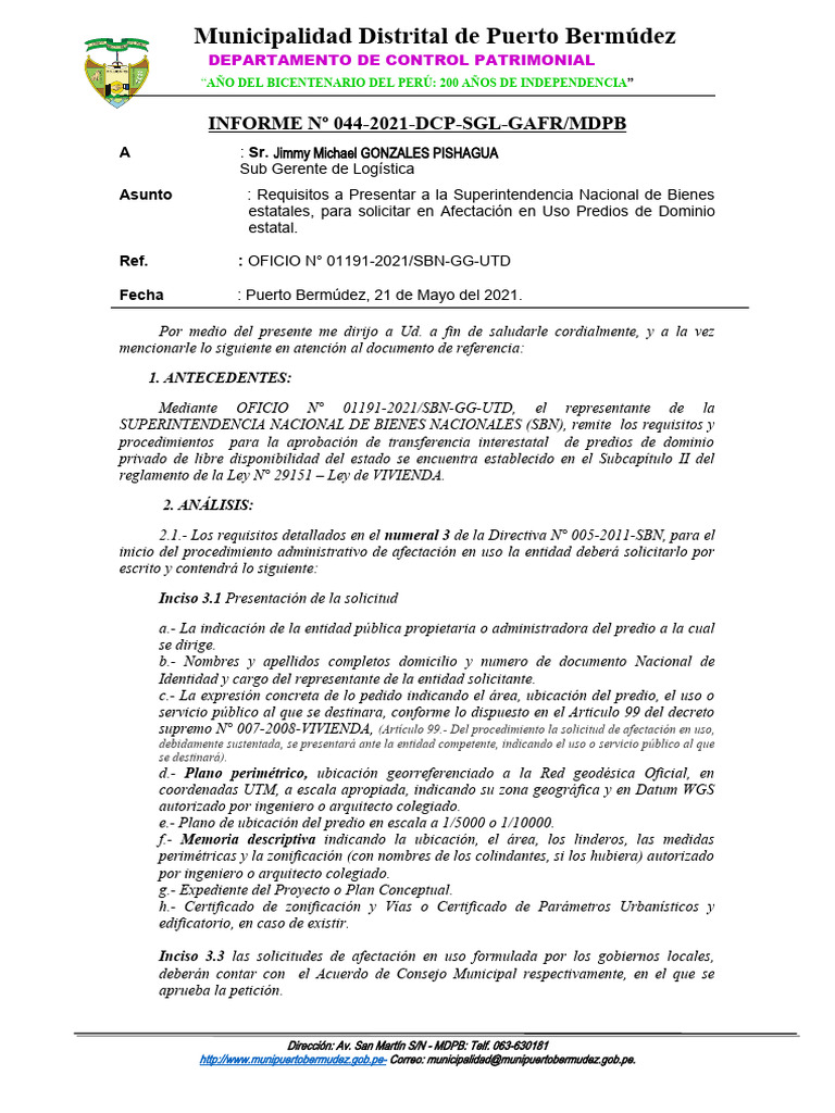 Informe N°044-2021 - Informe Tecnico - Requisitos A Presentar A La SBN para Solicitar Un Predio ...