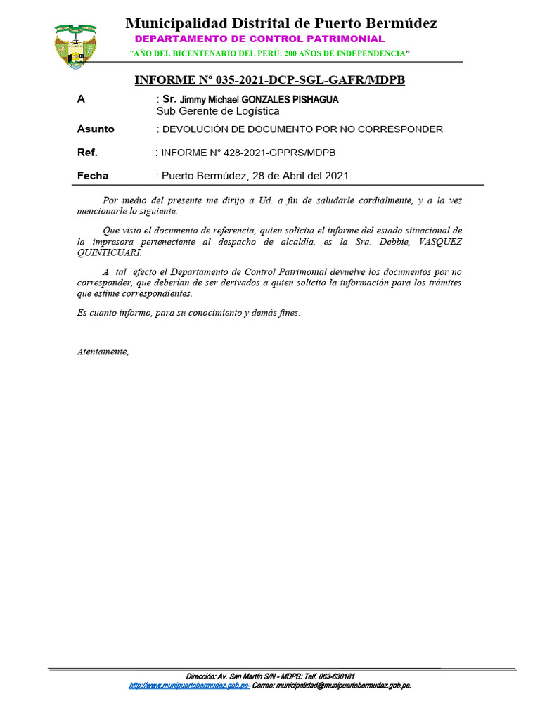 Informe N°035-2021 - Devolucion de Documento Por No Corresponder | PDF