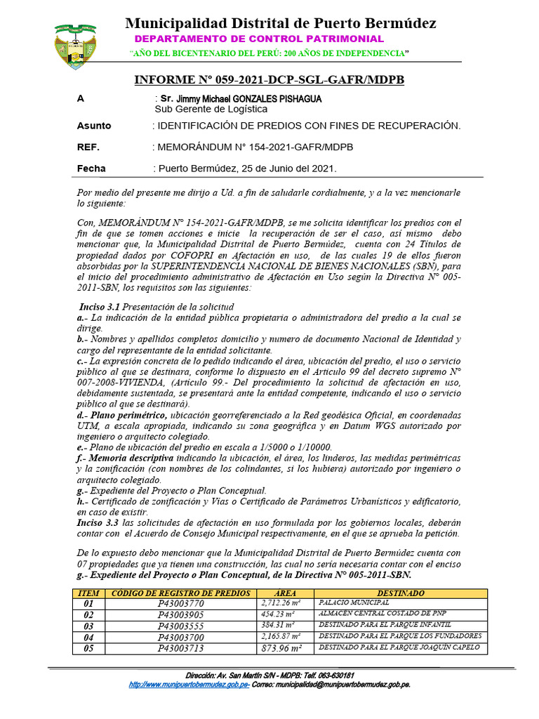 INFORME N°059-2021 - PREDIOS PARA SER SOLICITADOS A LA SBN EN AFECTACION EN USO | PDF