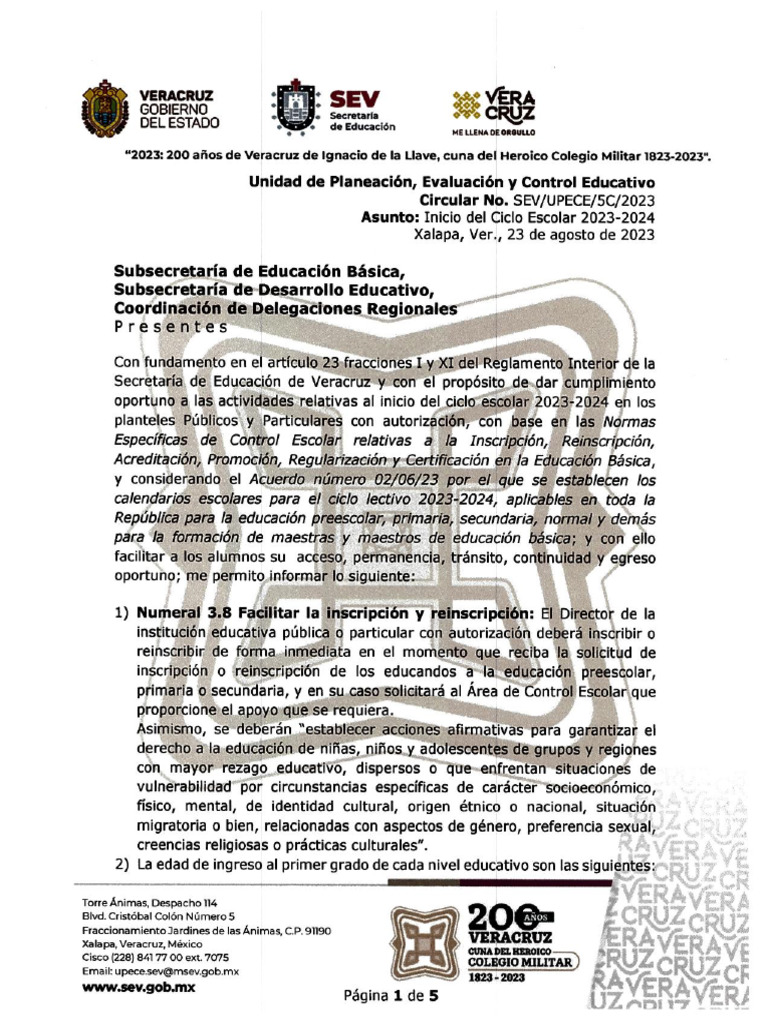 CIRCULAR 5C Inicio Del Ciclo Escolar 2023-2024 | PDF