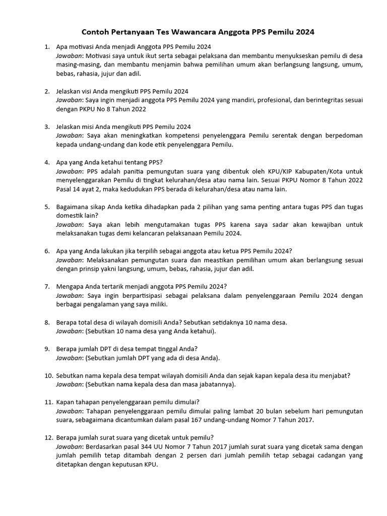 Contoh Pertanyaan Tes Wawancara Anggota Pps Pemilu 2024 Pdf