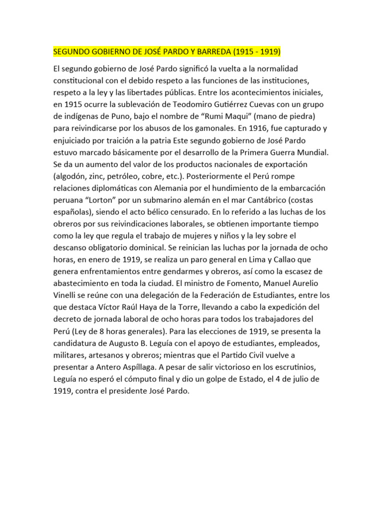 Segundo Gobierno de José Pardo (1915-1919) | PDF | Política | Viajes y ...