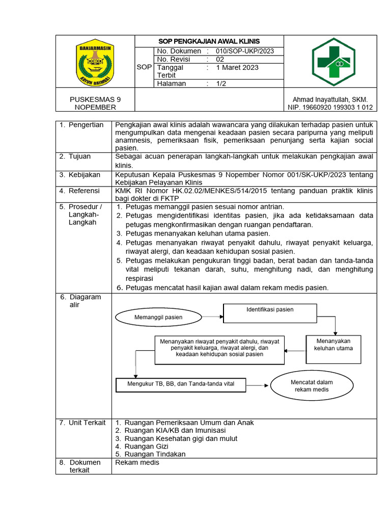 SOP Pengkajian Awal Klinis Puskesmas | PDF | Kesehatan Holistik | Sains & Matematika