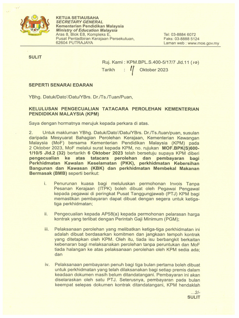 Surat KPM - Penurunan Kuasa Kelulusan Itpk Ke PTJ | PDF