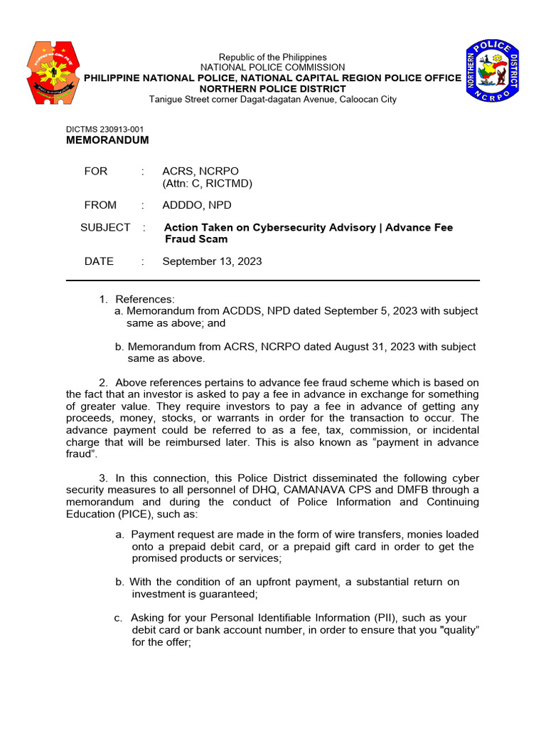 Cybersecurity Advisory Advance Fee Fraud Scam | PDF | Payments | Stored ...