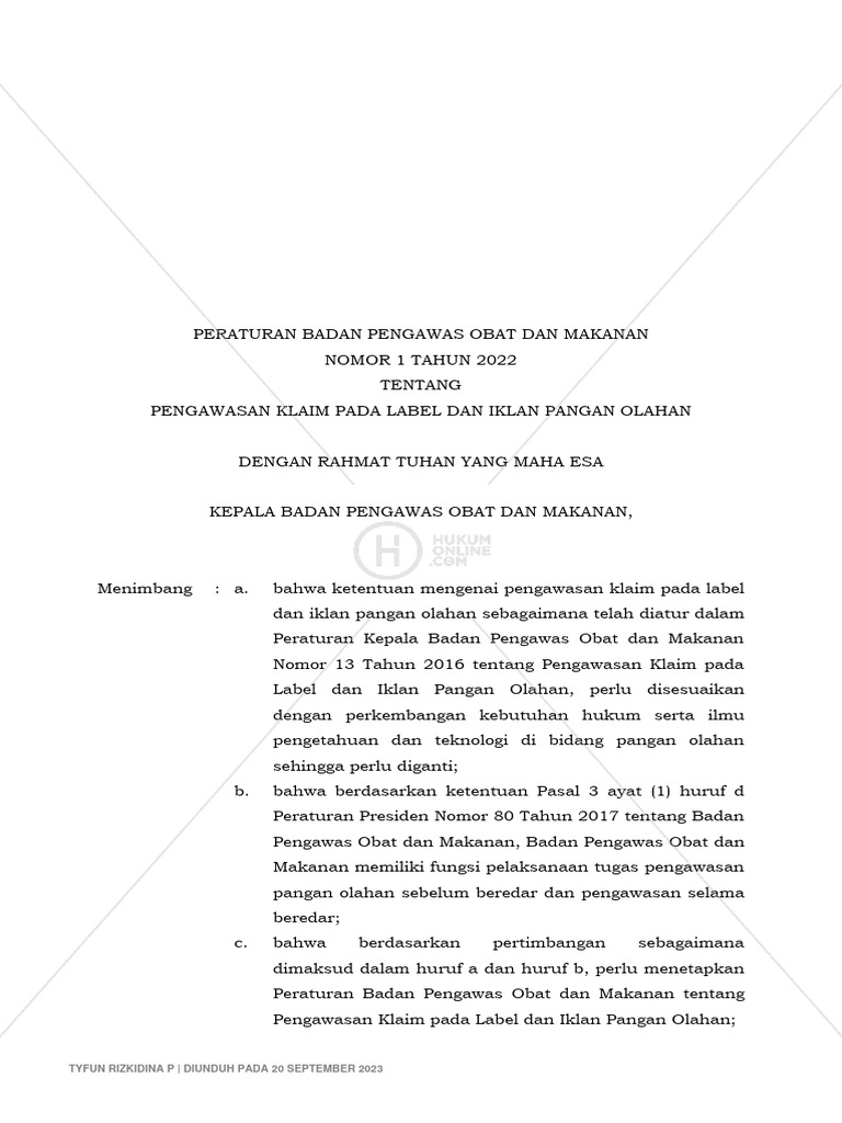 PRLB - BPOM - 1 - 2022 Ads and Label of Processed Food | PDF