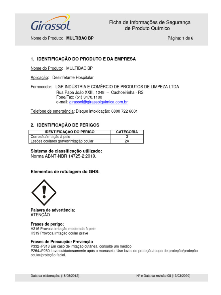 FISPQ MULTIBAC BP NBR 14725 Rev 03-2020 | PDF