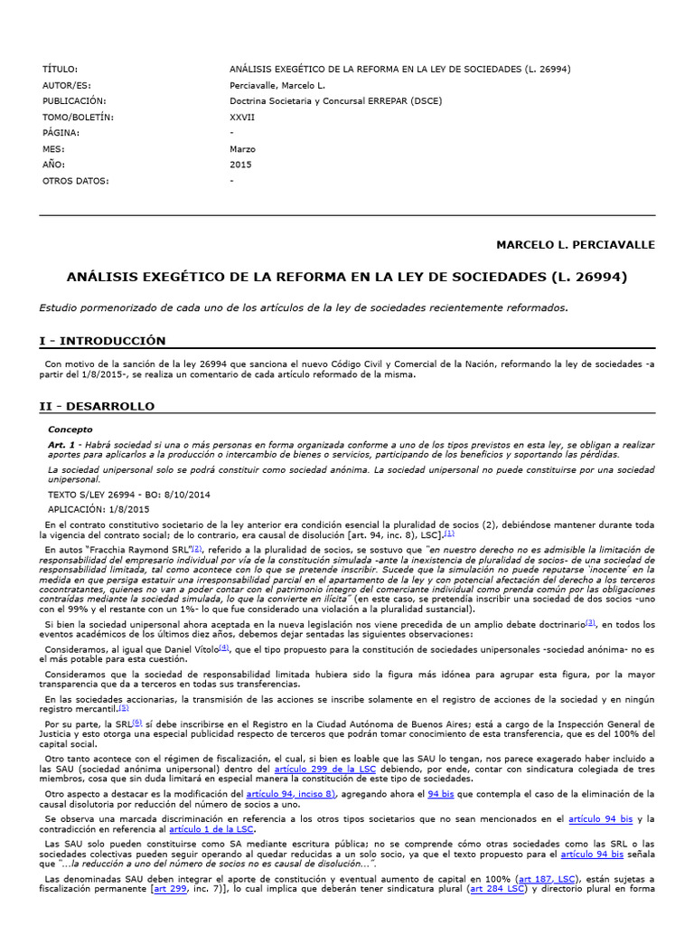 Análisis Exegético de La Reforma en La Ley de Sociedades (L. 26994) | PDF | Sociedad de ...