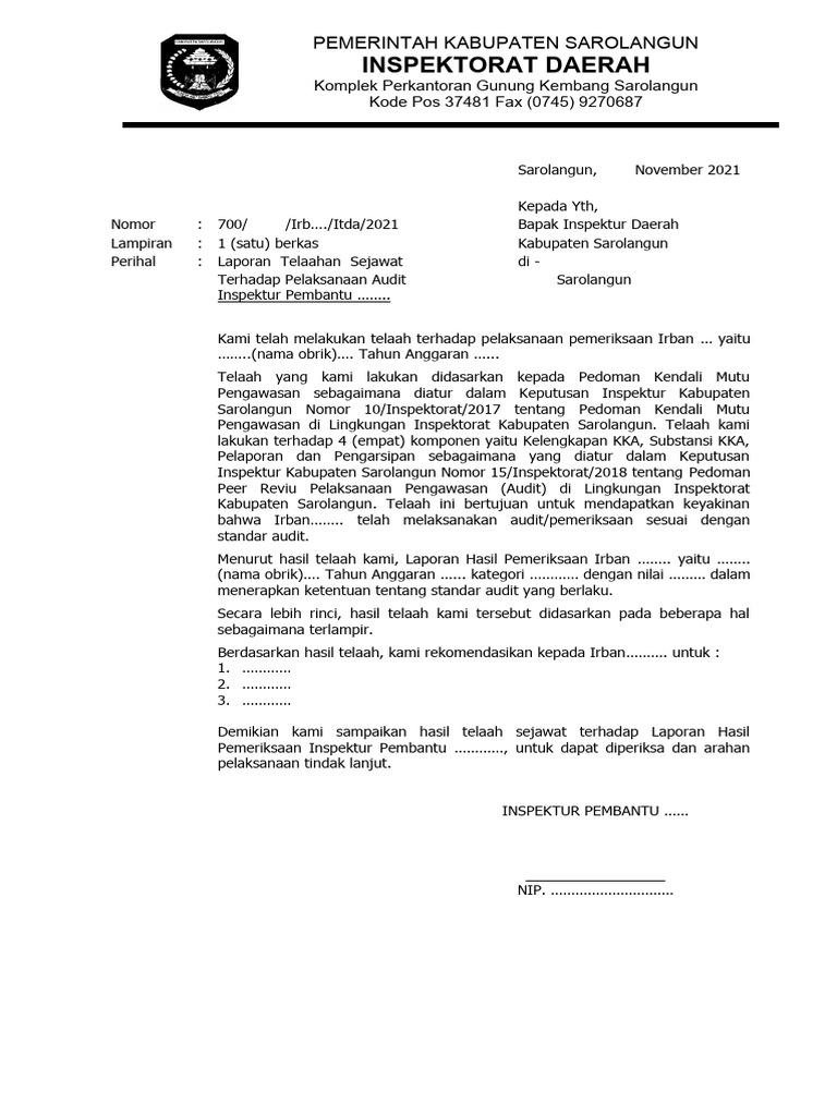 Format Laporan Telaah Sejawat Irban | PDF