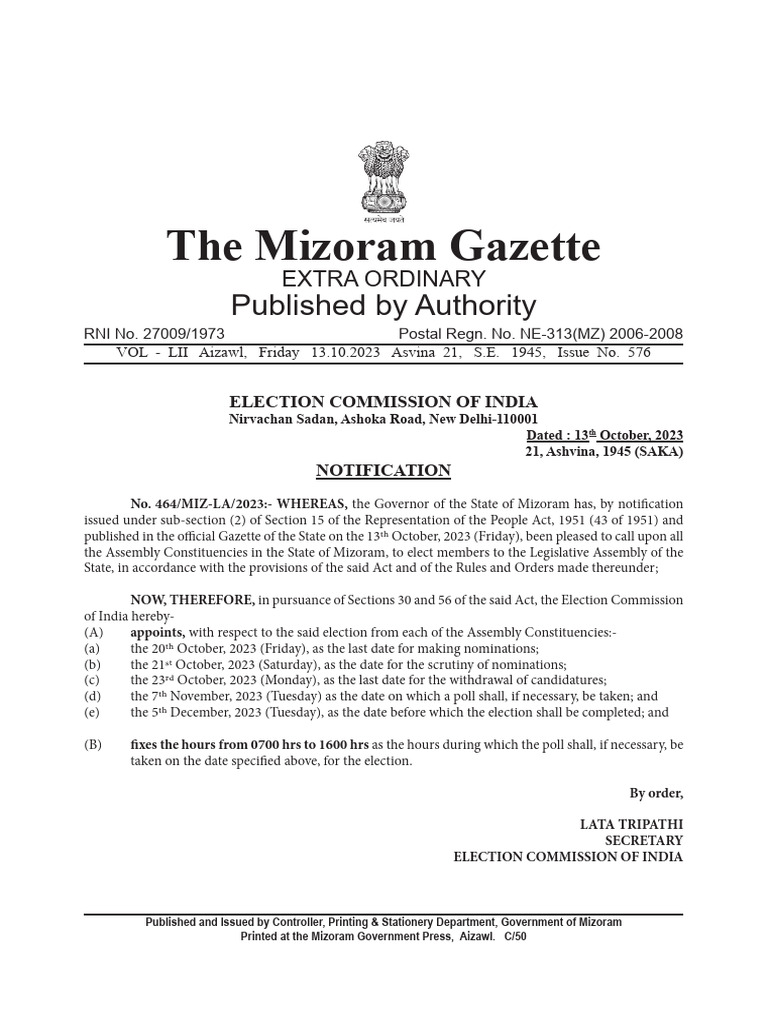 Election Notification 13.10.2023 | PDF | Politics Of India | Government ...