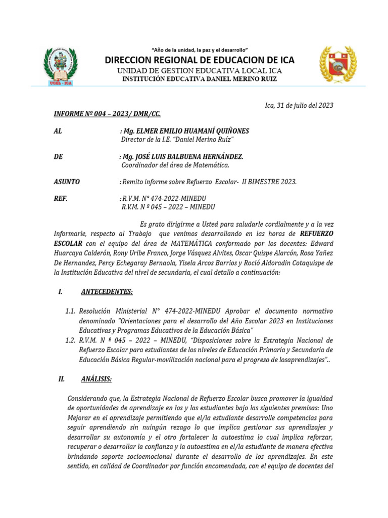 Modelo De Informe Final De Refuerzo Escolar