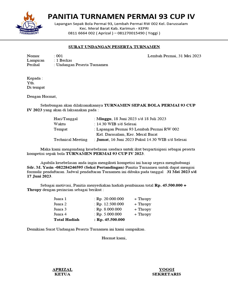 SURAT UNDANGAN PESERTA TURNAMEN | PDF
