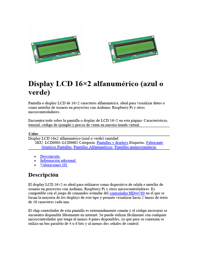 Display LCD 16 | PDF | Pantalla de cristal líquido | Arduino