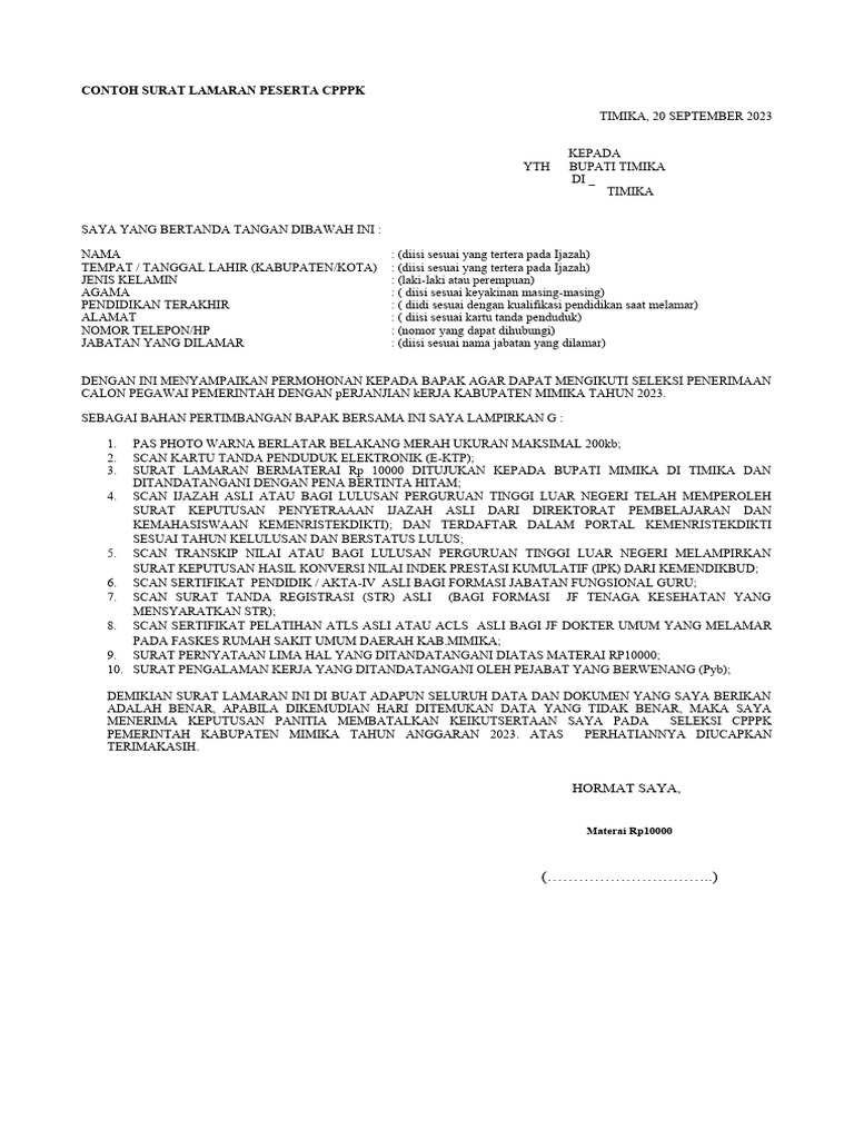 Contoh Surat Lamaran CPPPK 2023 | PDF