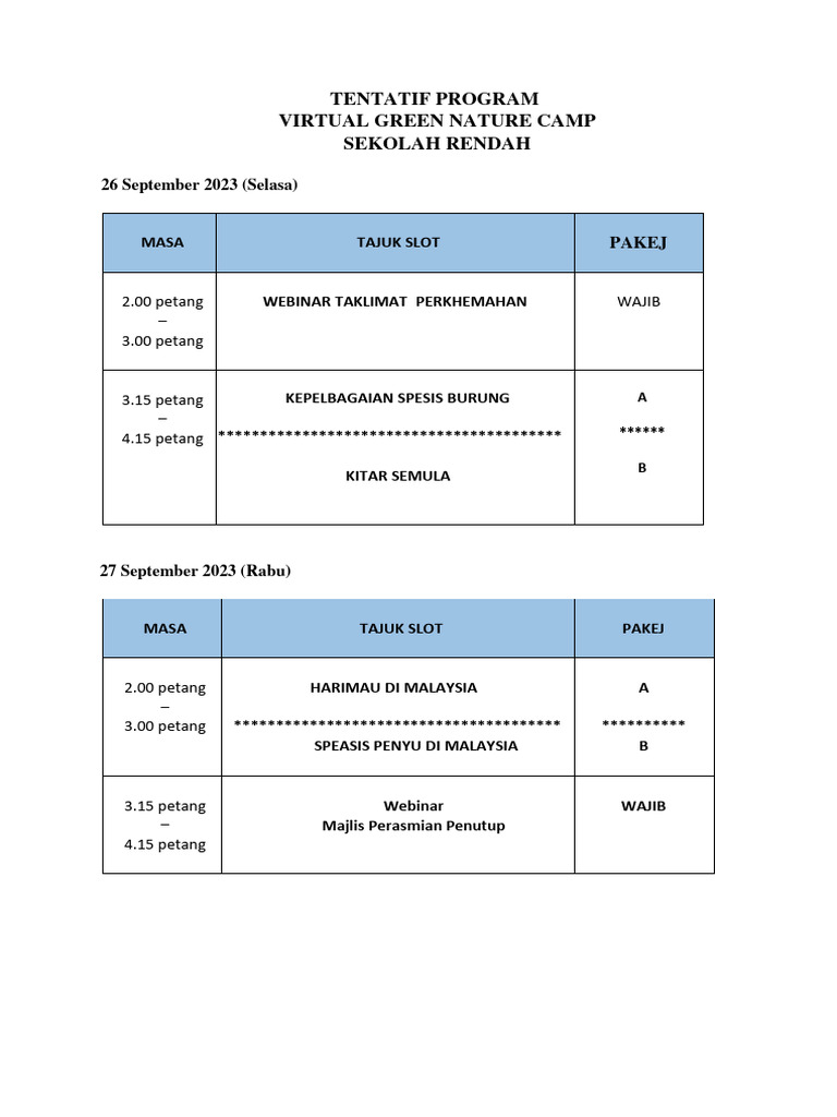 Tentatif Program Virtual Green Nature Camp | PDF