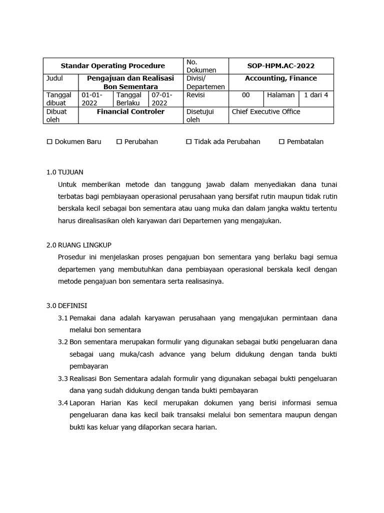 Sop - PENGAJUAN BON SEMENTARA | PDF | Pengelolaan Keuangan & Uang