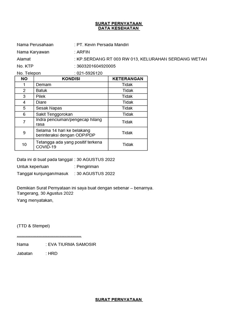 Format Surat Keterangan Sehat | PDF